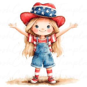 Patriotic Girls Clipart Set, 12 Watercolor Cute Girls in Red White Blue ...
