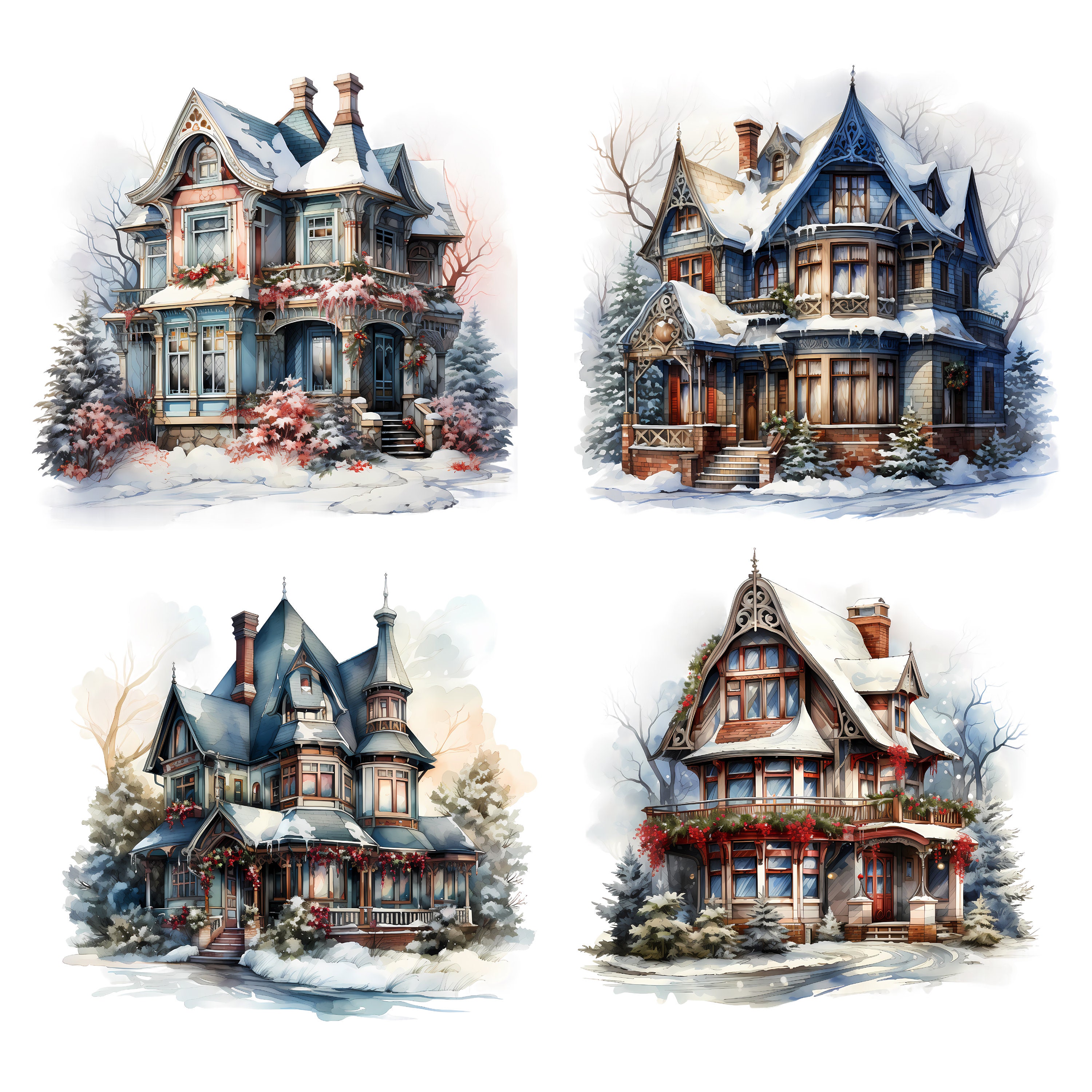 23 Christmas House Clipart, Watercolor House With Transparent ...