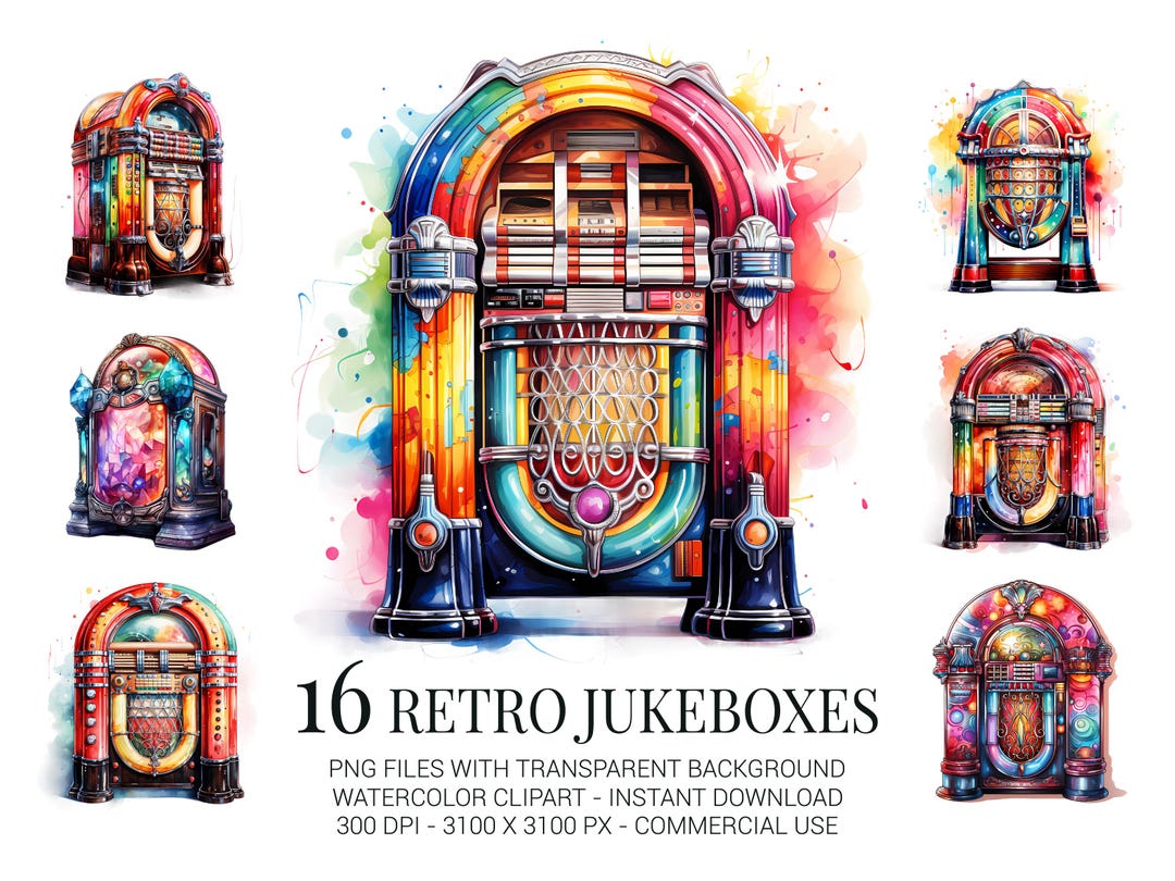 Retro Jukeboxes Clipart Set, 16 Colorful Watercolor Music Pngs for 50s ...