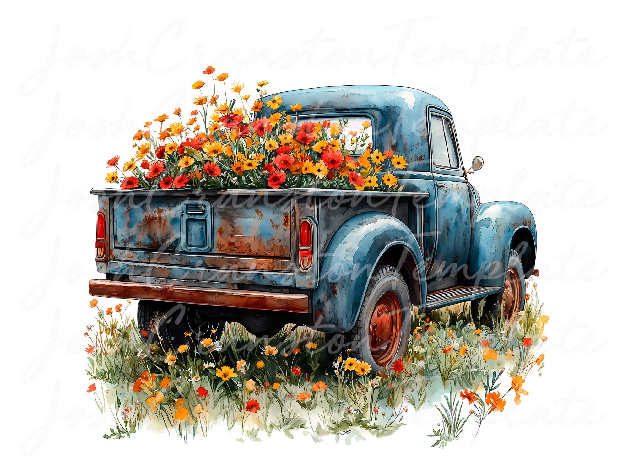 14 Vintage Truck Spring Flowers Clipart, Watercolor Floral Bouquet ...