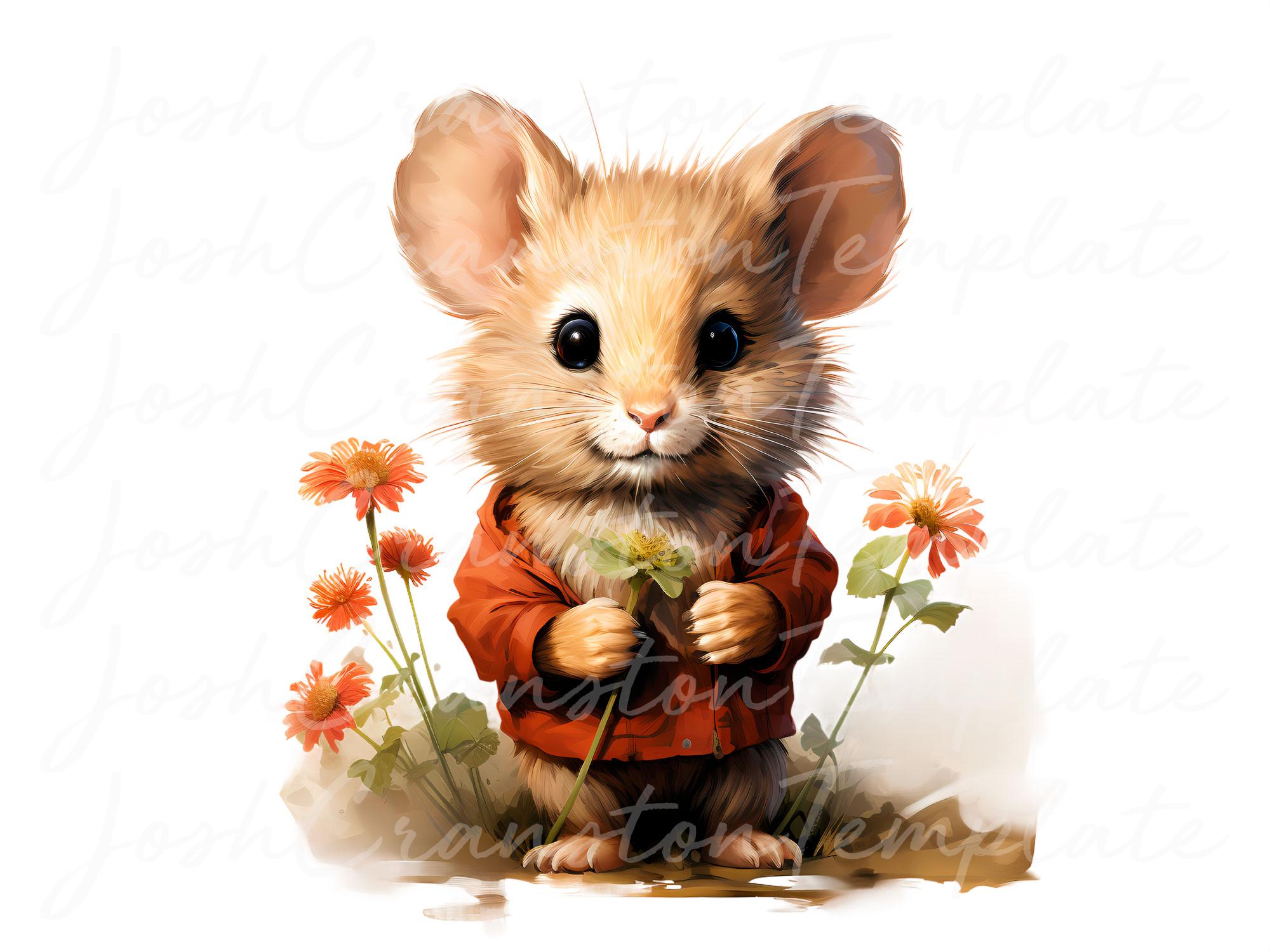 Mice Clipart Bundle - 16 Cute Watercolor Mouse Pngs With Flowers and ...