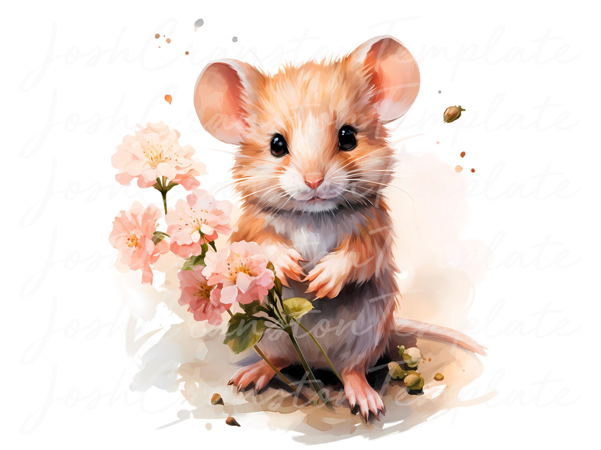 Mice Clipart Bundle - 16 Cute Watercolor Mouse Pngs With Flowers and ...