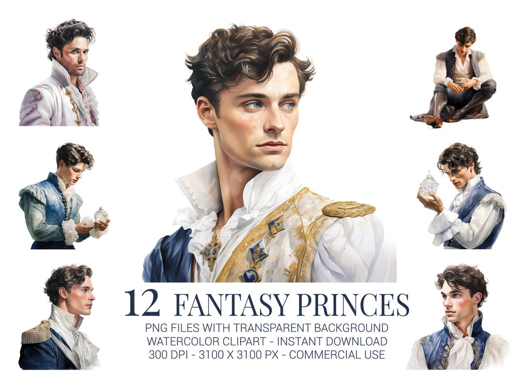 Fantasy Prince Clipart Set - 12 Watercolor Royal Princes in Storybook ...