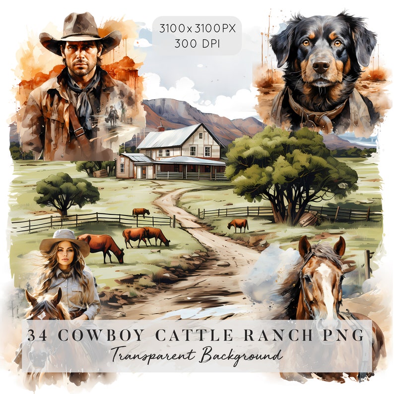 Cowboy Cattle Ranch Bundle Clipart, Western Clipart, Cowboy, Cowgirl ...