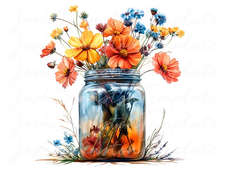 Mason Jar Flowers Clipart Set, Watercolor Floral Pngs With Wildflowers ...