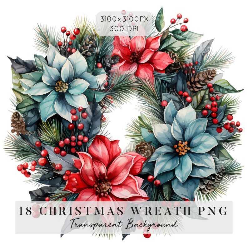 18 Christmas Wreath Clipart With Transparent Background PNG, Watercolor ...