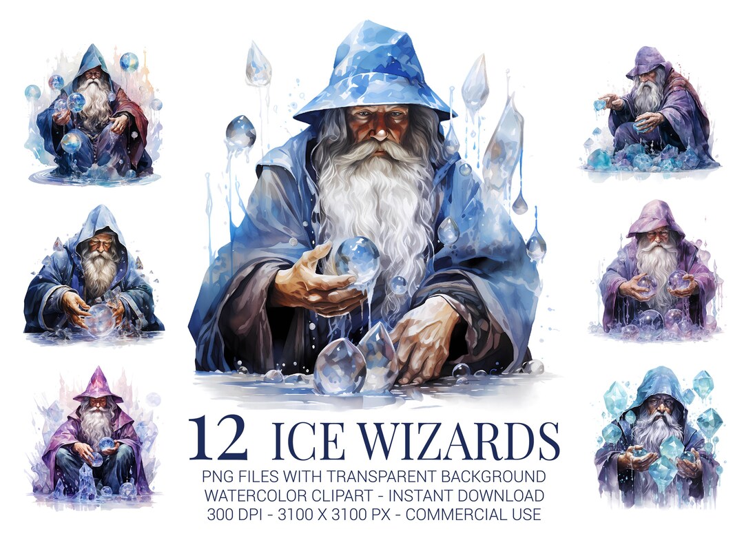 Ice Wizards Clipart Bundle - 12 Watercolor PNG Illustrations With ...
