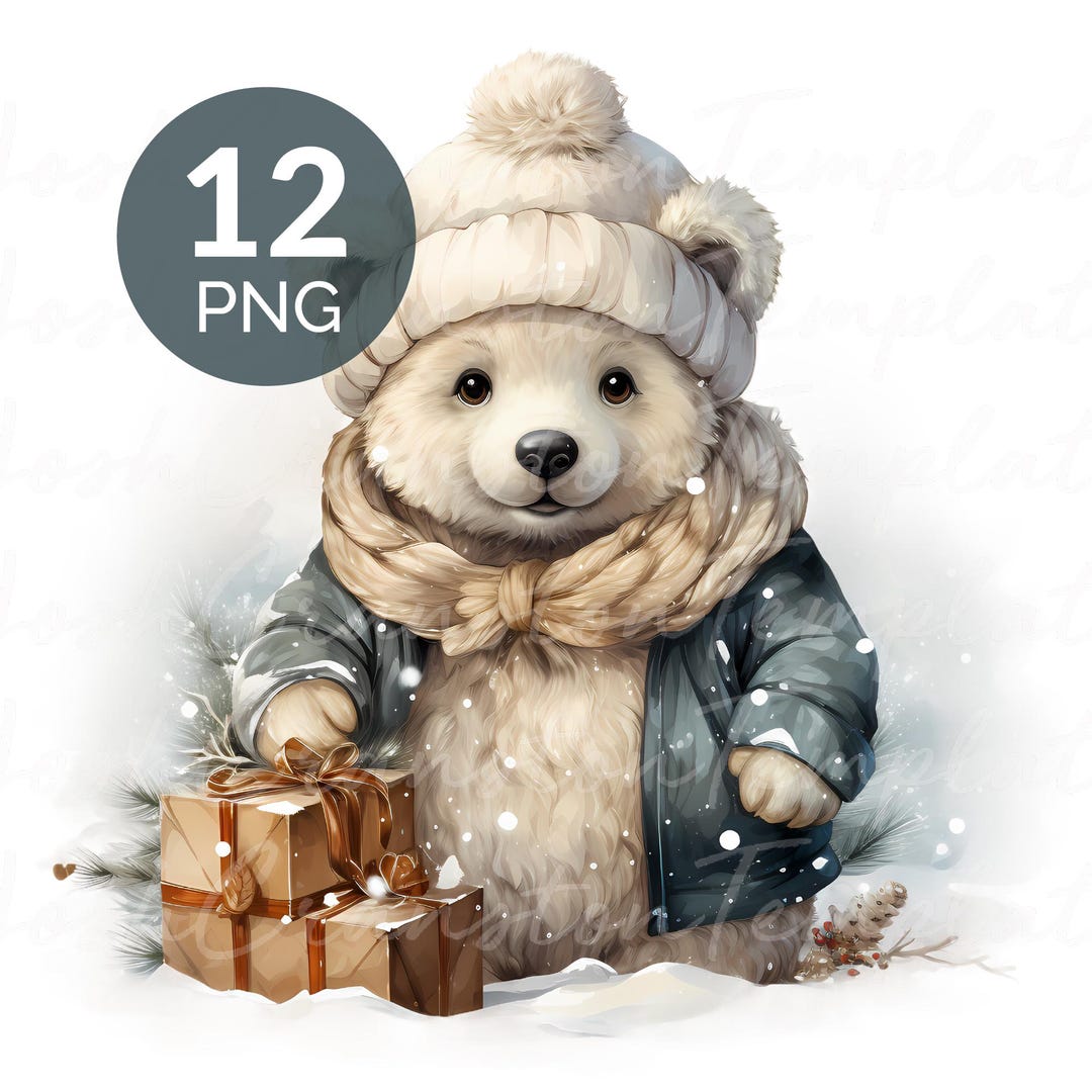 Christmas Polar Bear Watercolor Clipart: Junk Journal PNG (digital ...