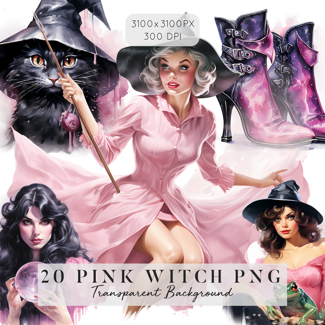 20 Pink Witch Clipart Watercolor Witch With Transparent - Etsy