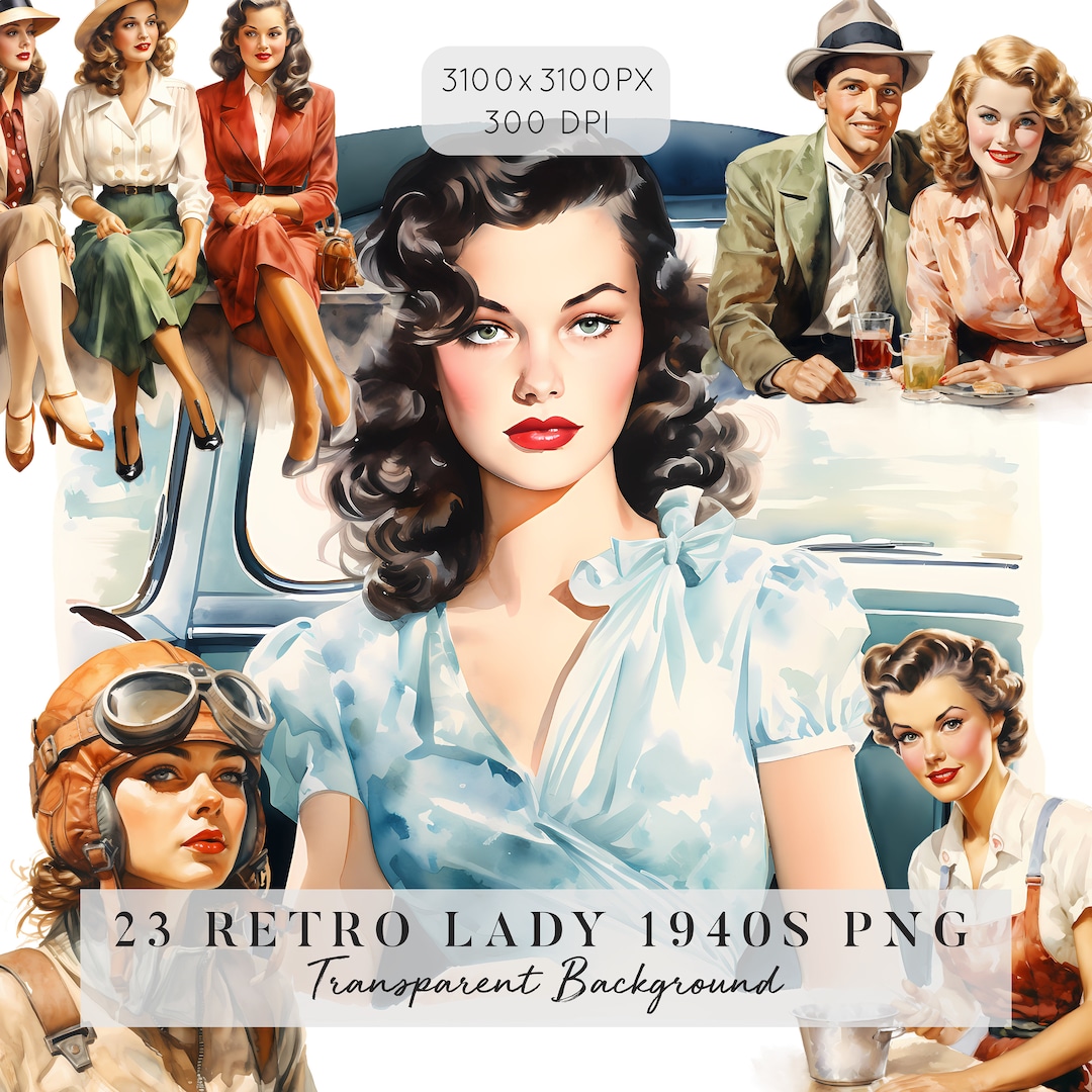 23 Retro Lady 1940s Clipart, Watercolor Retro Lady With Transparent ...