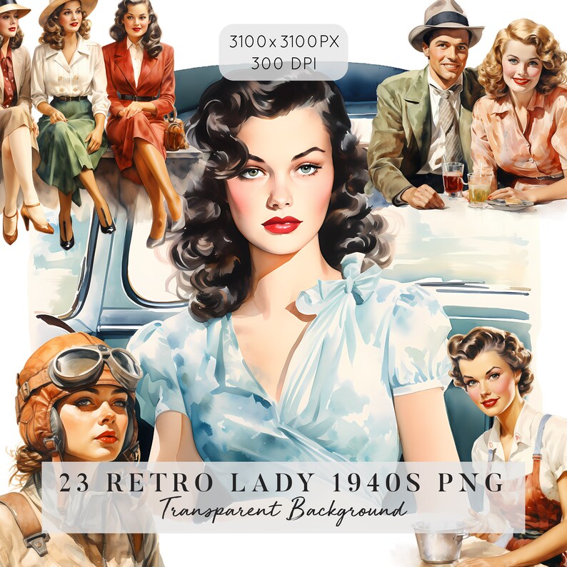 23 Retro Lady 1940s Clipart, Watercolor Retro Lady With Transparent ...