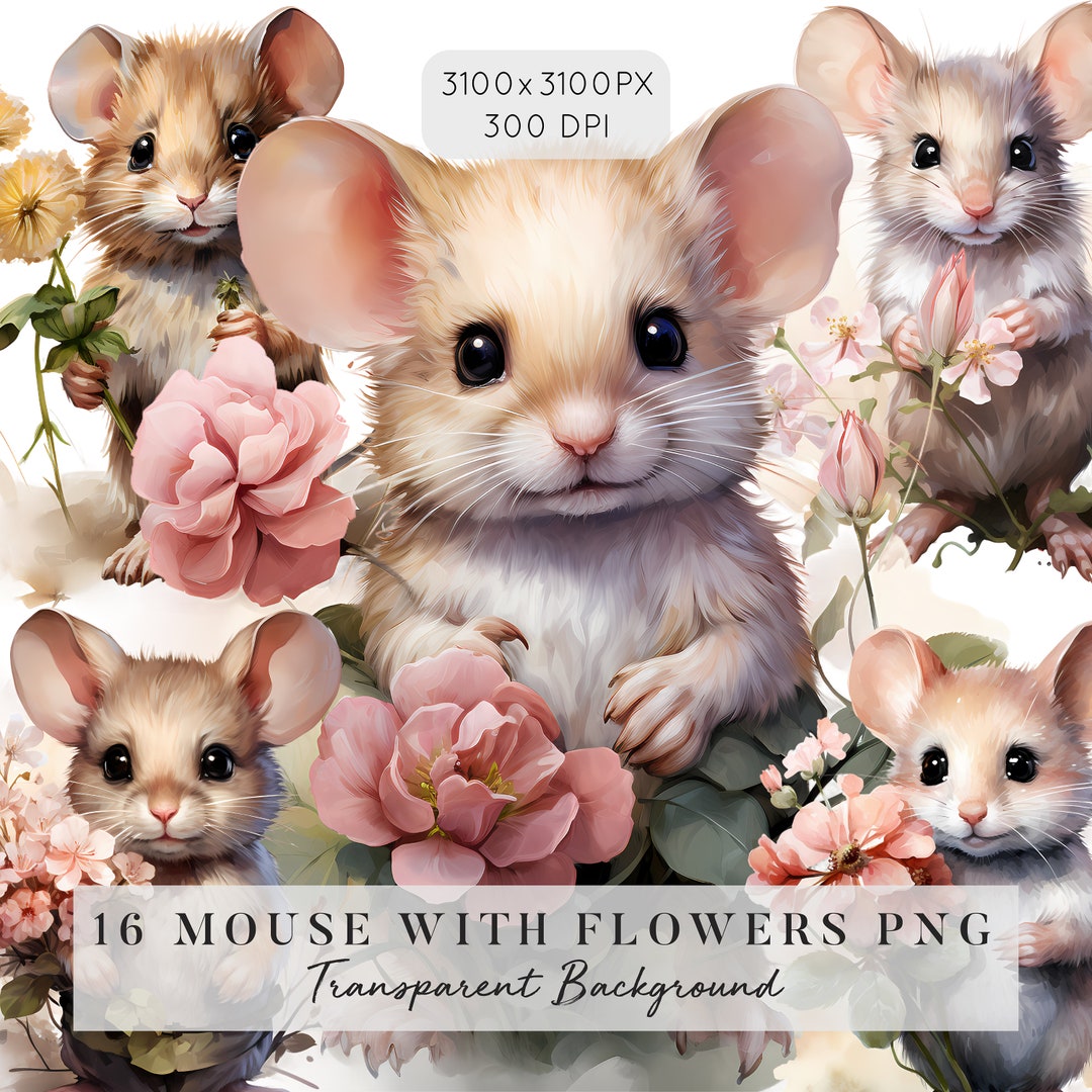 16 Mouse With Flowers Clipart, Watercolor Mouse With Transparent ...