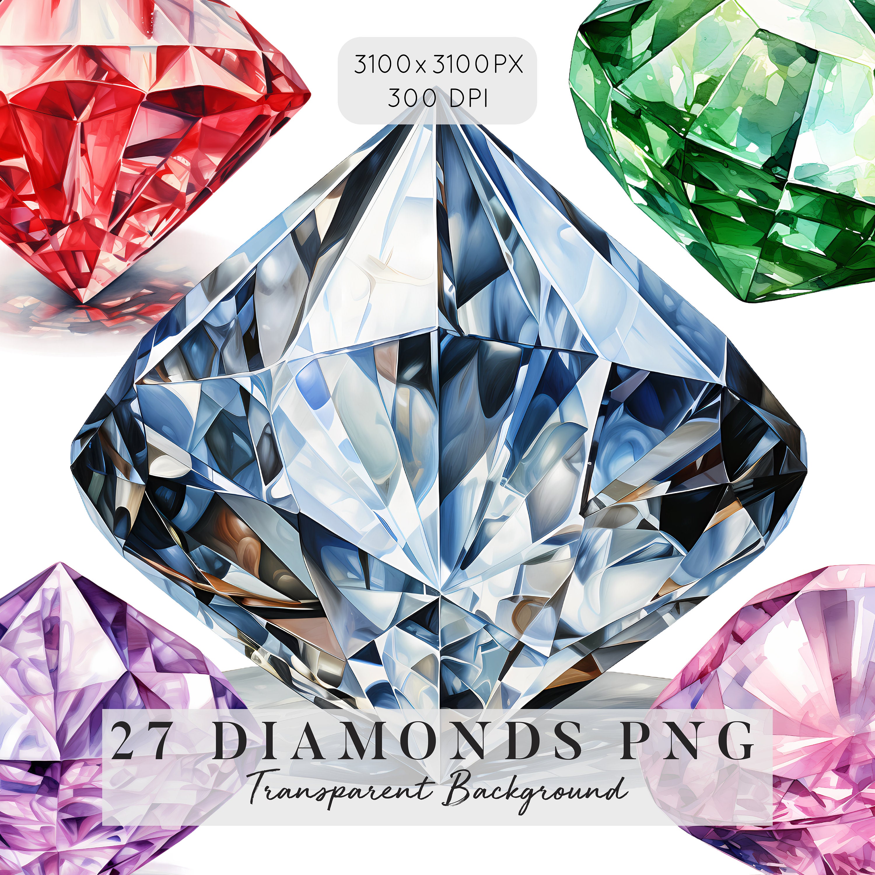 27 Diamonds Clipart, Diamnod Bundle, Watercolor Diamond With ...