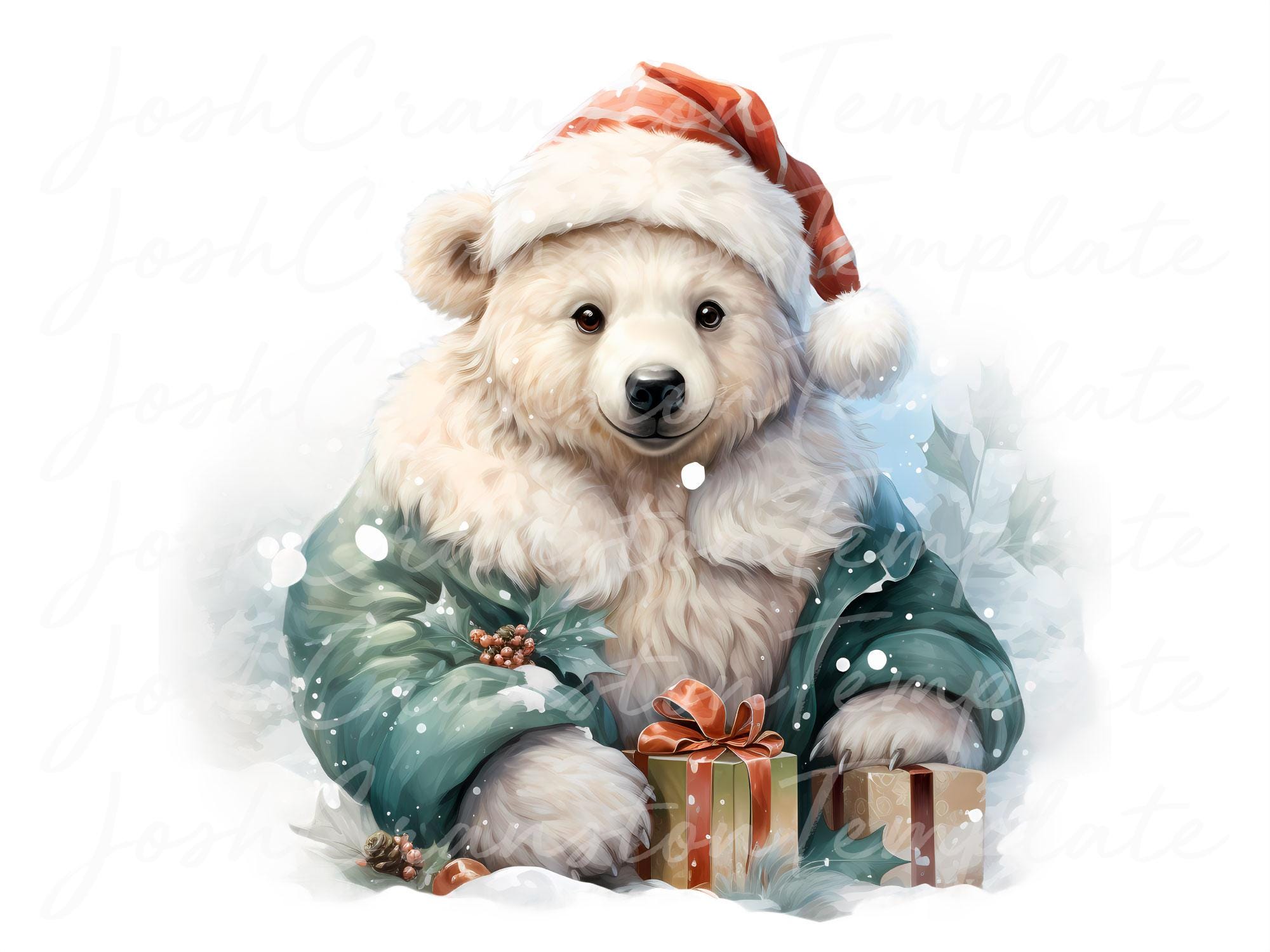 Christmas Polar Bear Watercolor Clipart: Junk Journal PNG (digital ...