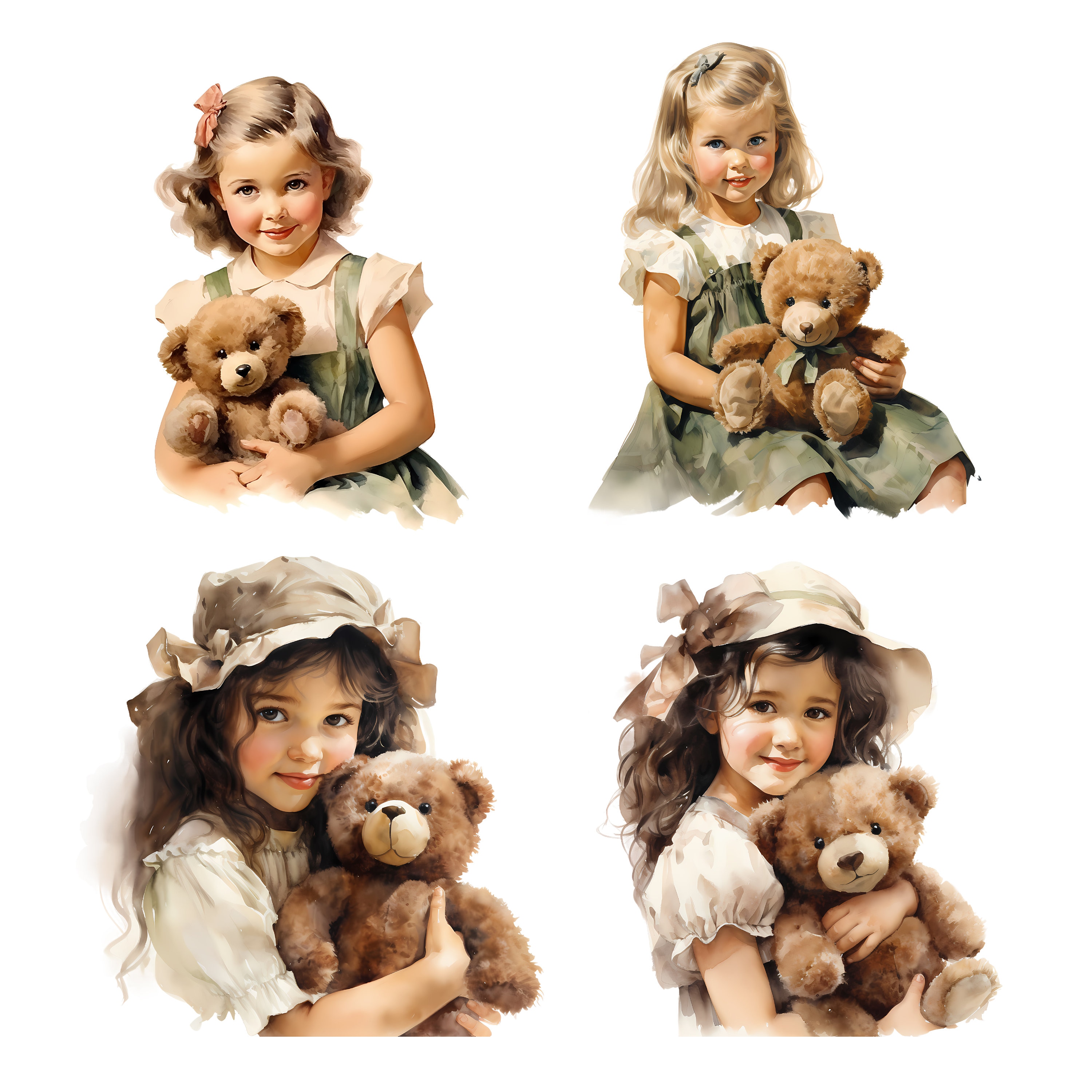 16 Little Girl With Teddy Bear Clipart, Watercolor Little Girl With ...