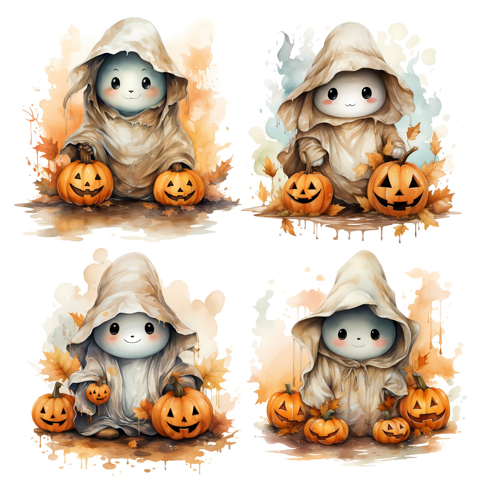 Cute Halloween Watercolor Ghosts Clipart Set, Spooky Halloween Ghost ...