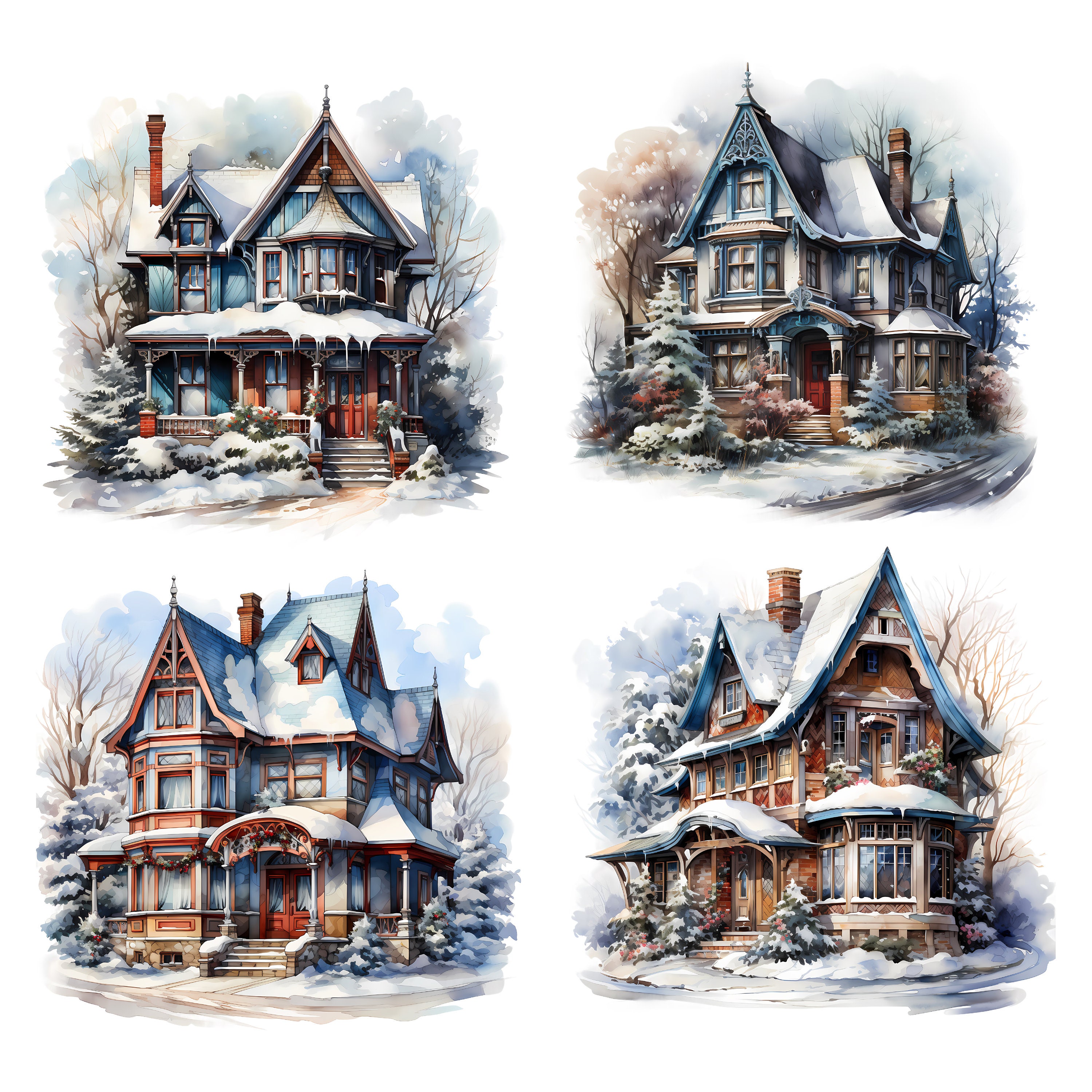 23 Christmas House Clipart, Watercolor House With Transparent ...