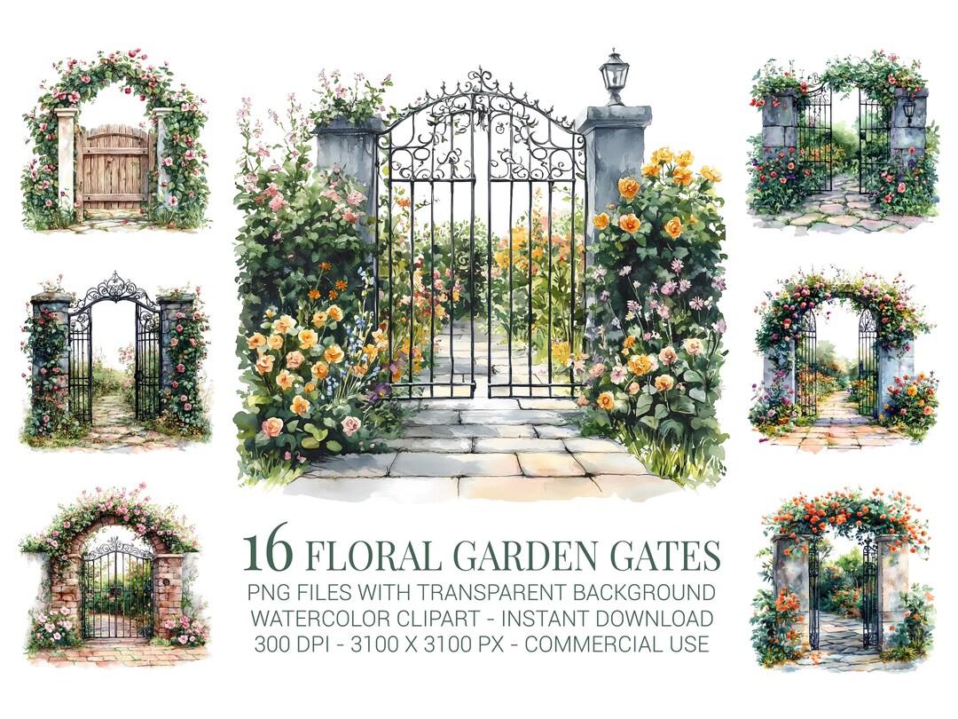 Spring Garden Gate Clipart: Floral Archway Illustration (PNG Files) - Etsy