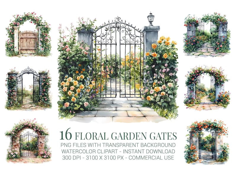 Spring Garden Gate Clipart: Floral Archway Illustration (PNG Files) - Etsy
