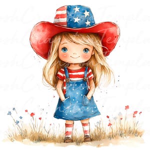 Patriotic Girls Clipart Set, 12 Watercolor Cute Girls in Red White Blue ...