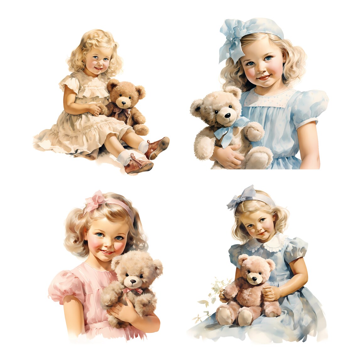 16 Little Girl With Teddy Bear Clipart, Watercolor Little Girl With ...