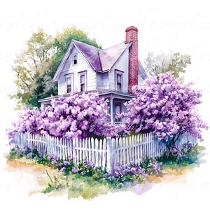 14 Spring Cottage Digital Art, Floral House Illustration, Purple ...