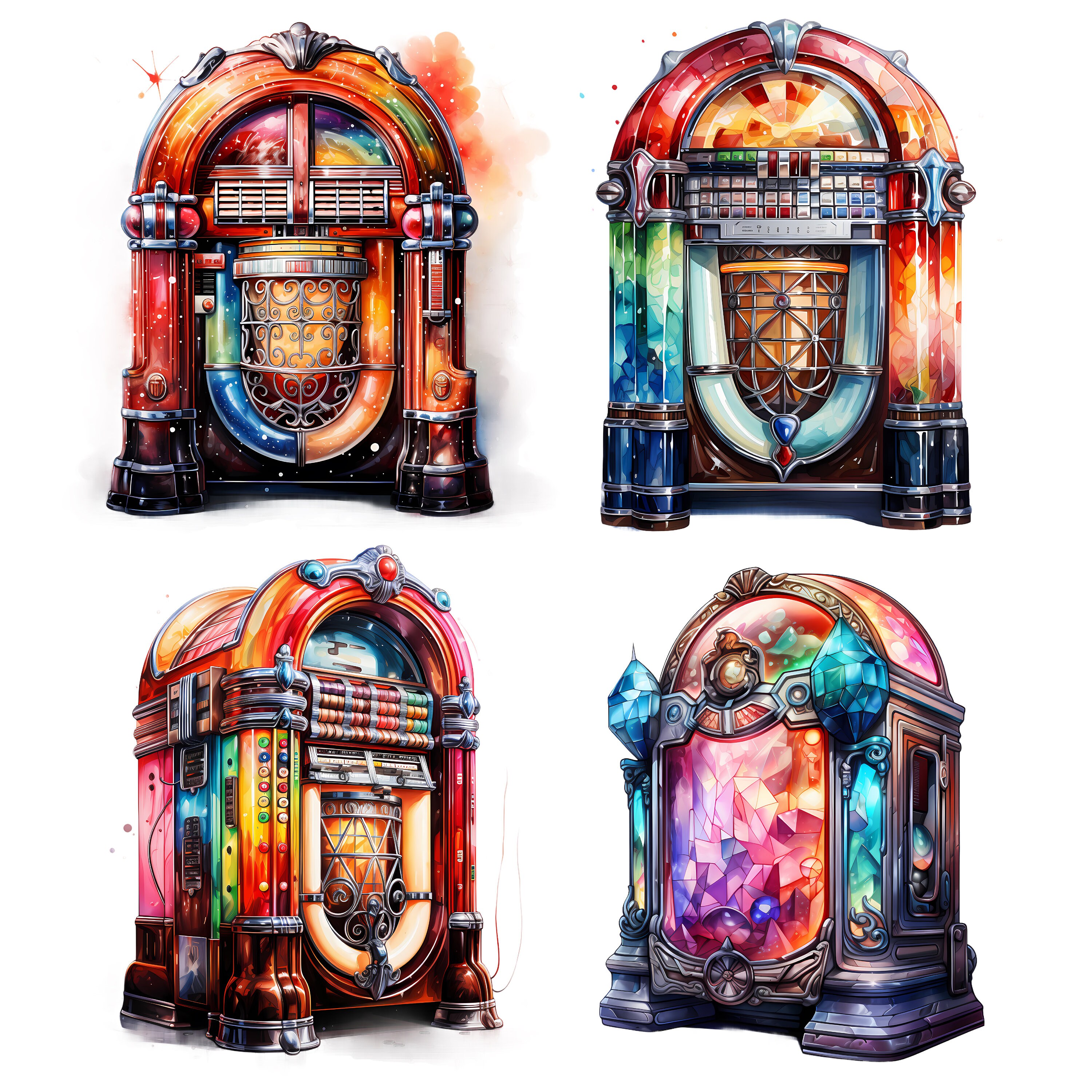 14 Rainbow Jukebox Clipart, Watercolor Jukebox With Transparent ...