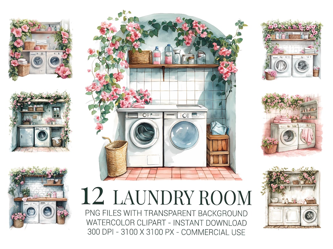 Laundry Room Clipart With Pink Flowers, 12 Watercolor Washing Machines ...