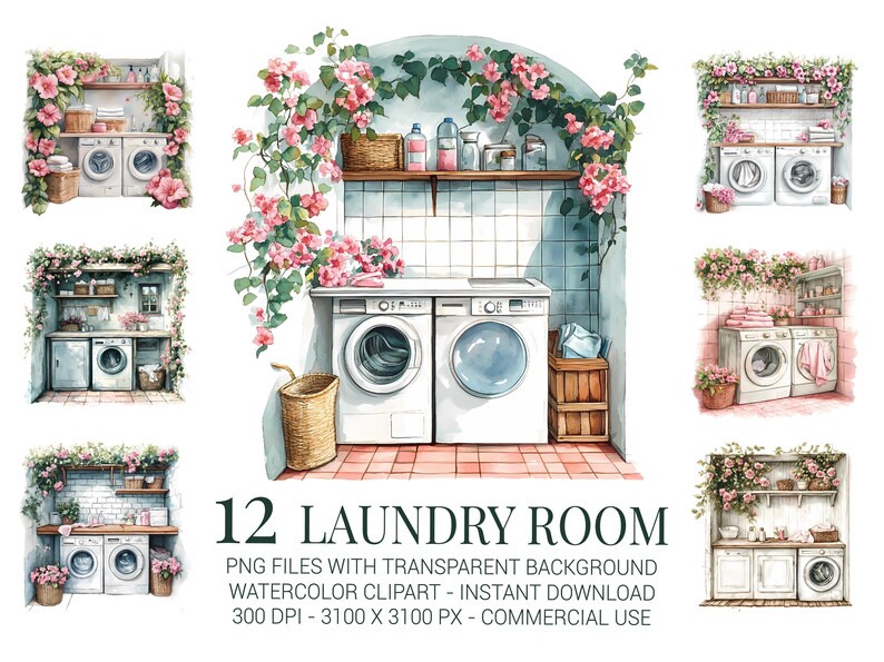 Laundry Room Clipart With Pink Flowers, 12 Watercolor Washing Machines ...