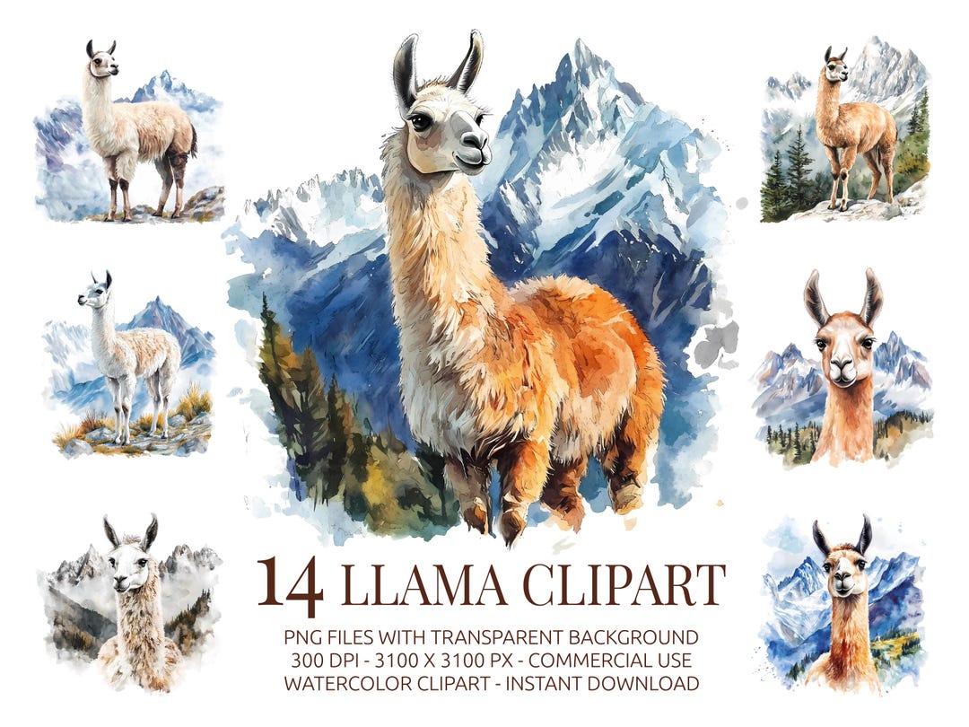 Llama Clipart Set - 14 Watercolor Pngs of Majestic Llamas With Mountain ...