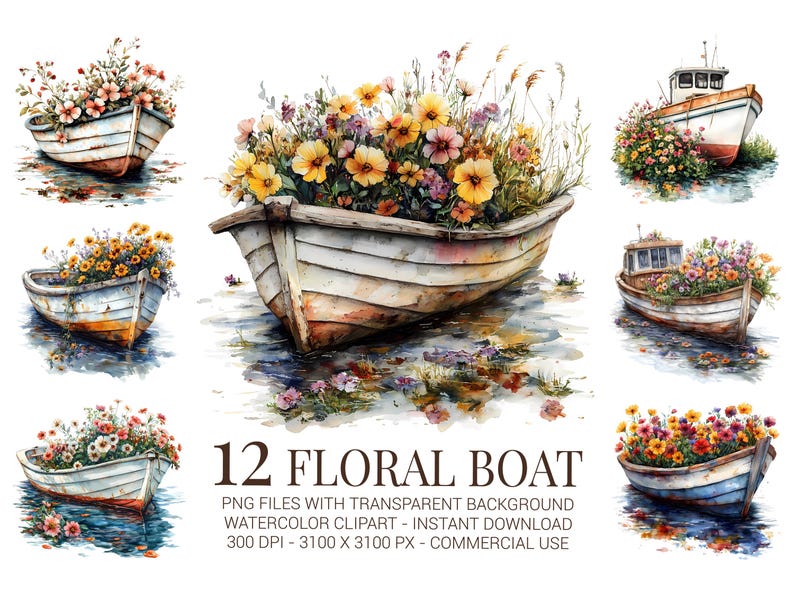 Watercolor Floral Boat Clipart: Nautical Spring PNG Bundle - Etsy