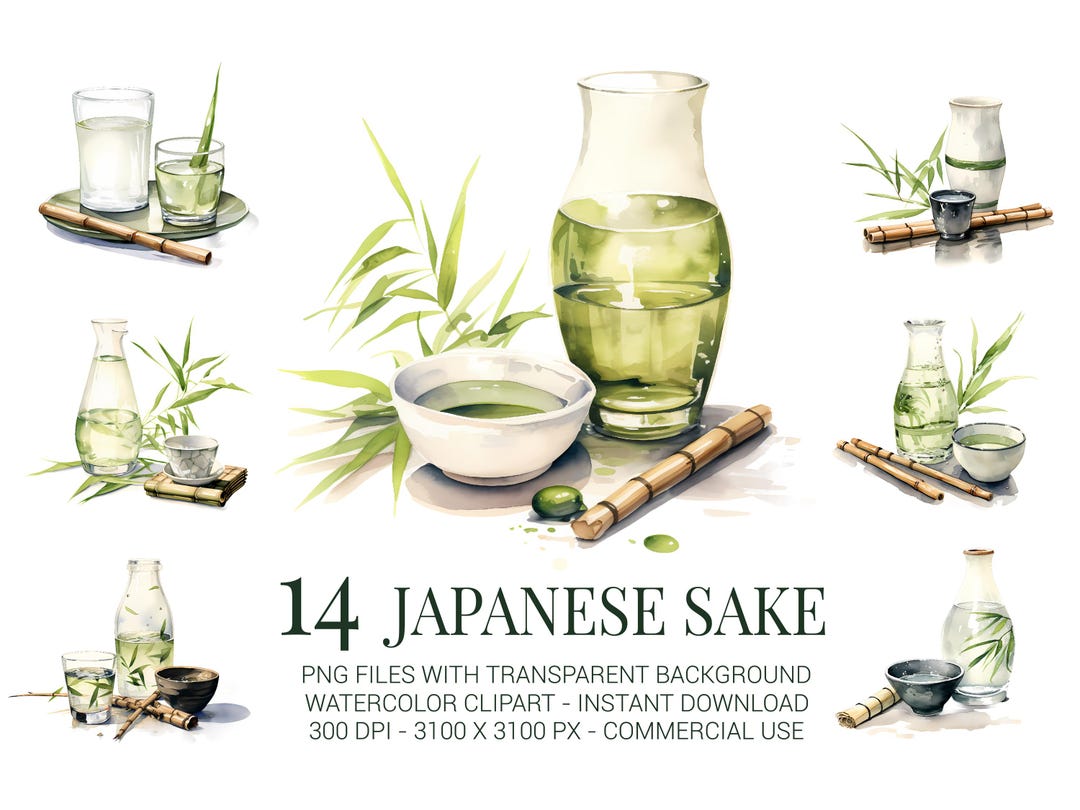 Japanese Sake Clipart Set, 14 Watercolor Sake Bottles, Cups & Bamboo ...