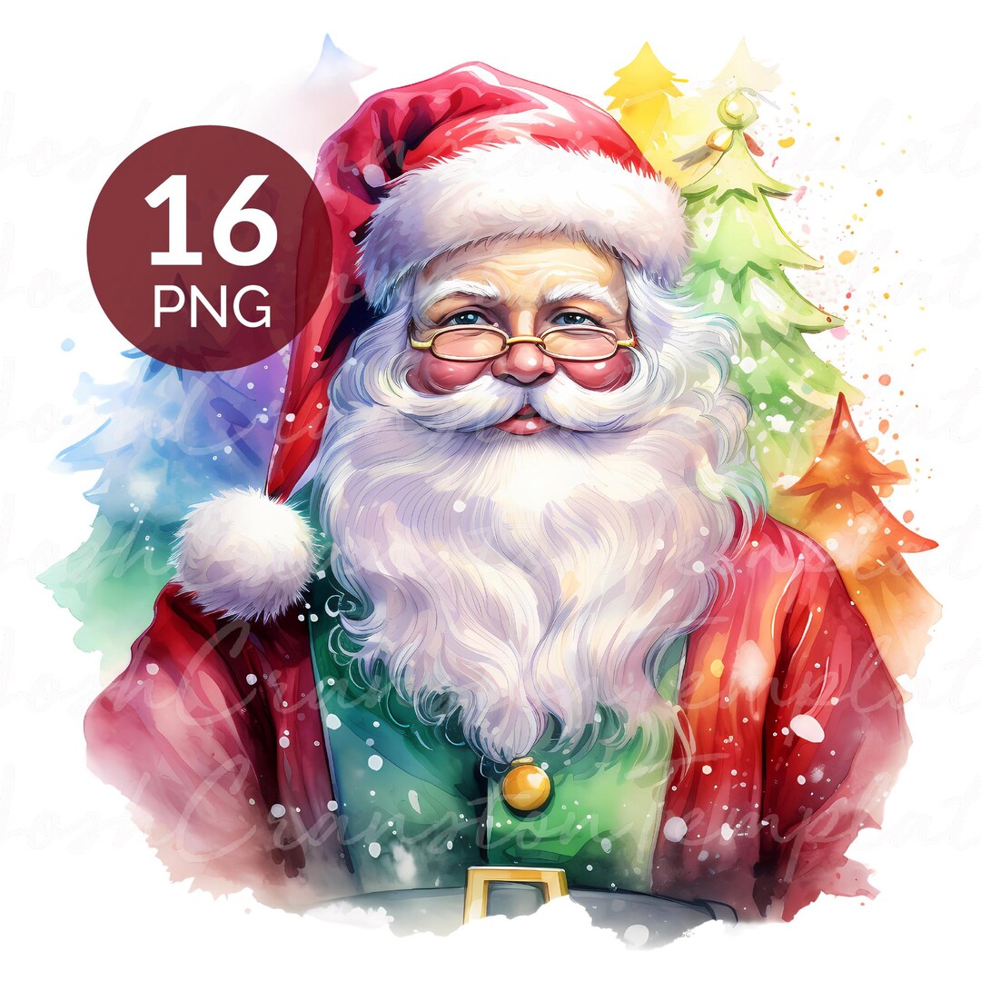 Rainbow Santa Watercolor Clipart: Christmas Junk Journal Pngs (digital ...