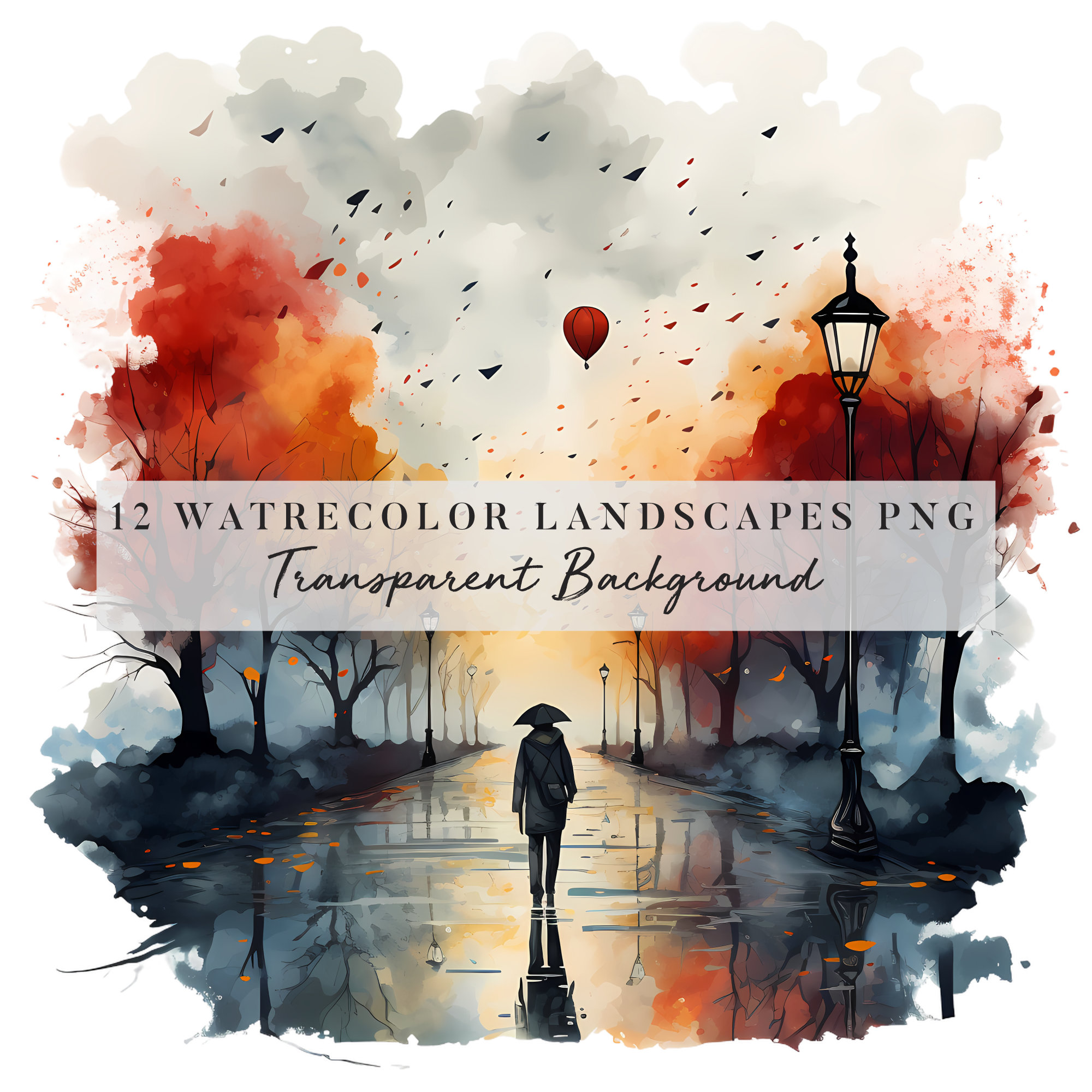 Watercolor Landscape Clipart Set Autumn Landscape Png Fall - Etsy