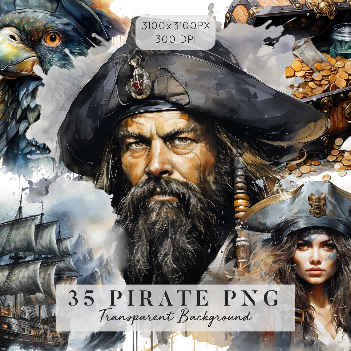 35 Pirate Clipart, Watercolor Pirate With Transparent Background PNG ...