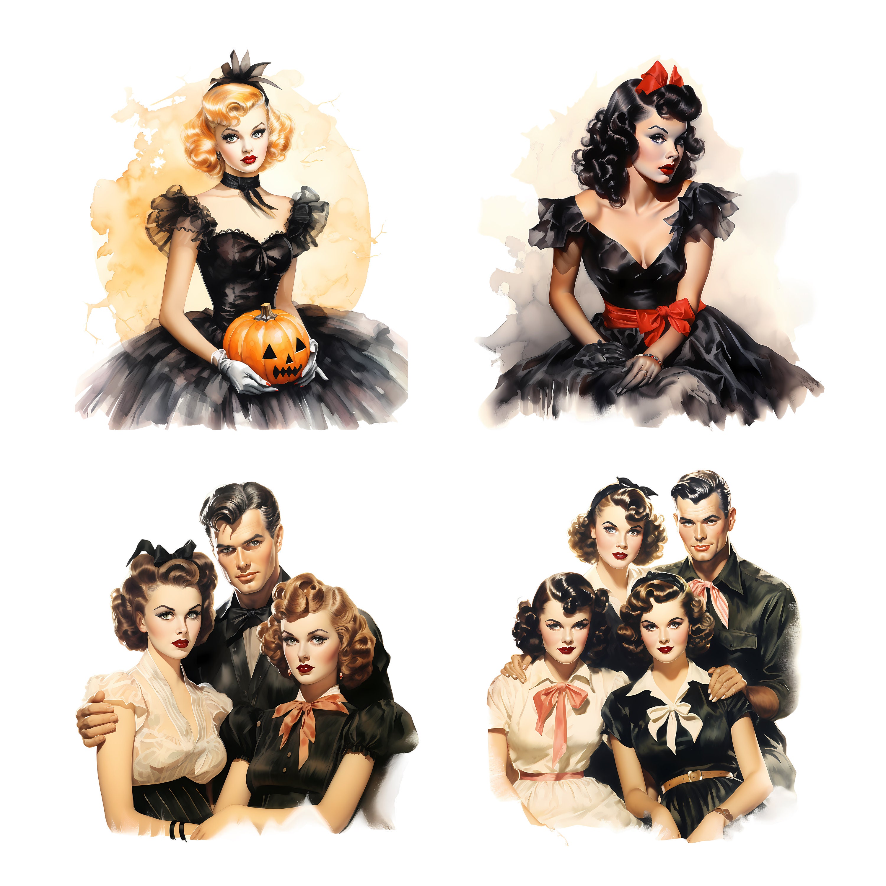 15 Retro Halloween Clipart Watercolor Halloween With - Etsy