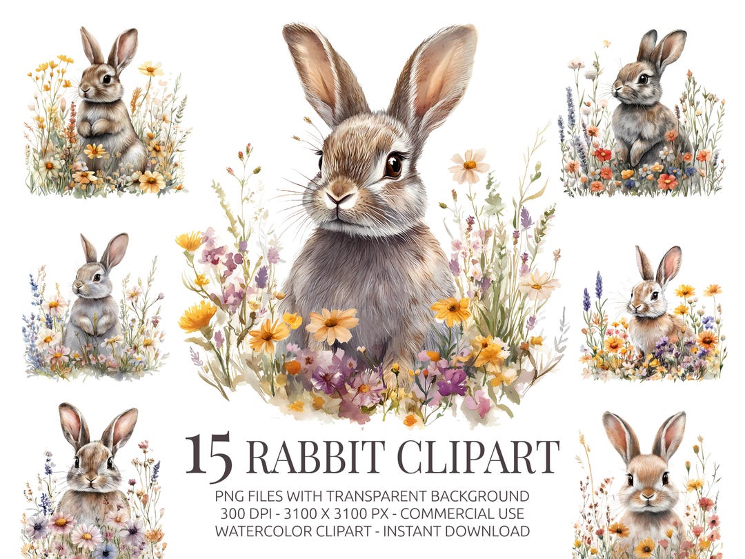Rabbit Clipart Set - 15 Watercolor Bunnies in Wildflowers Pngs - Spring ...
