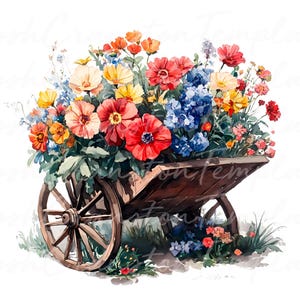 12 Floral Spring Cart Clipart, Digital Watercolor Flowers PNG, Spring ...