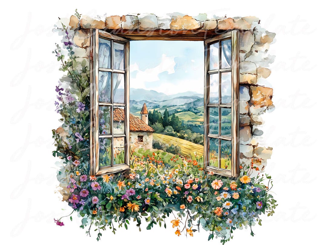 17 Spring Window View Digital Clipart, Rural Landscape Digital Art ...