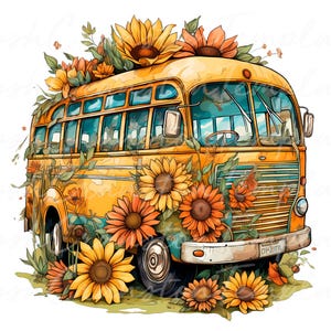 12 Vintage Floral Bus Art Print, Retro Sunflower Bus Illustration, Boho ...