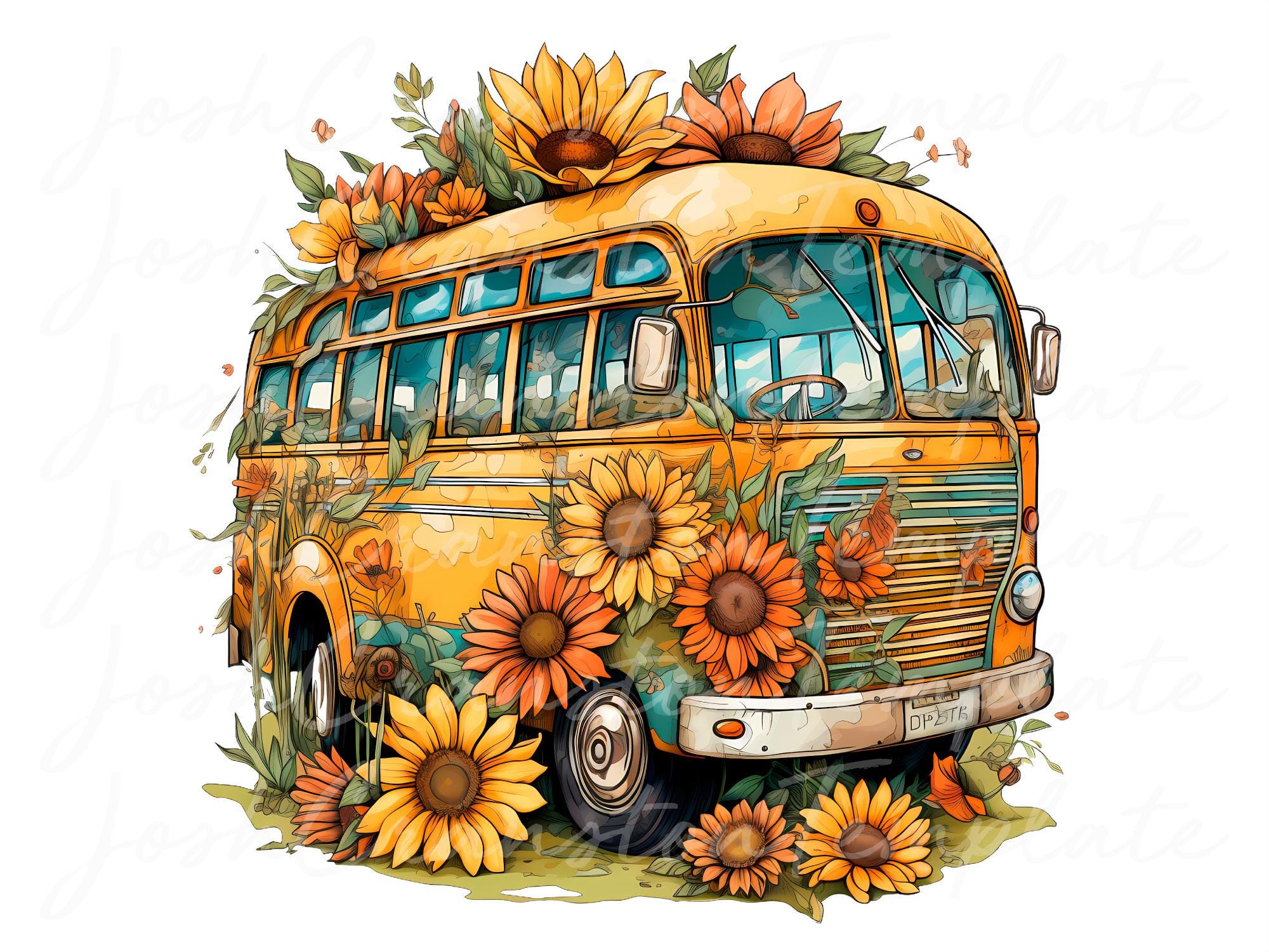 12 Vintage Floral Bus Art Print, Retro Sunflower Bus Illustration, Boho ...