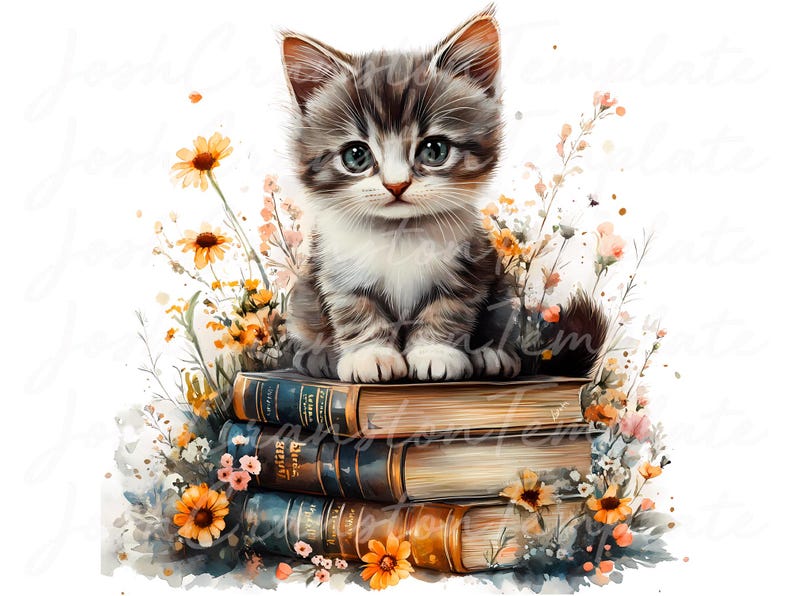 14 Cute Spring Kitten Clipart, Adorable Cat on Books Digital Art ...