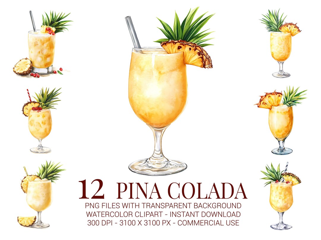 Pina Colada Clipart Set, 12 Watercolor Tropical Cocktails With ...