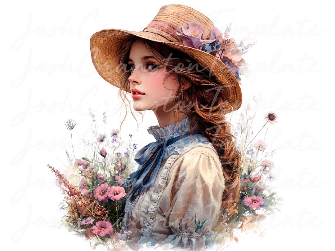 12 Vintage Spring Girl Illustration, Watercolor Woman With Hat, Digital ...