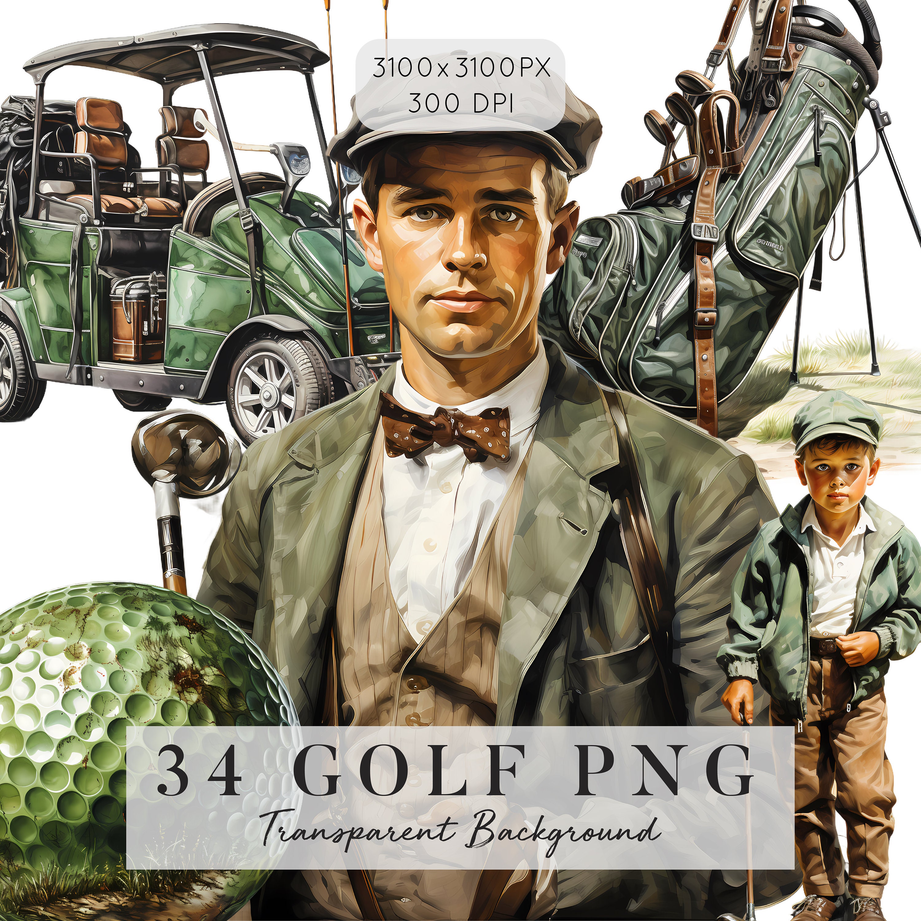 34 Vintage Golf Clipart, Watercolor Golf With Transparent Background ...