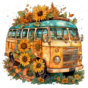 12 Vintage Floral Bus Art Print, Retro Sunflower Bus Illustration, Boho ...