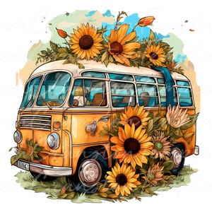 12 Vintage Floral Bus Art Print, Retro Sunflower Bus Illustration, Boho ...