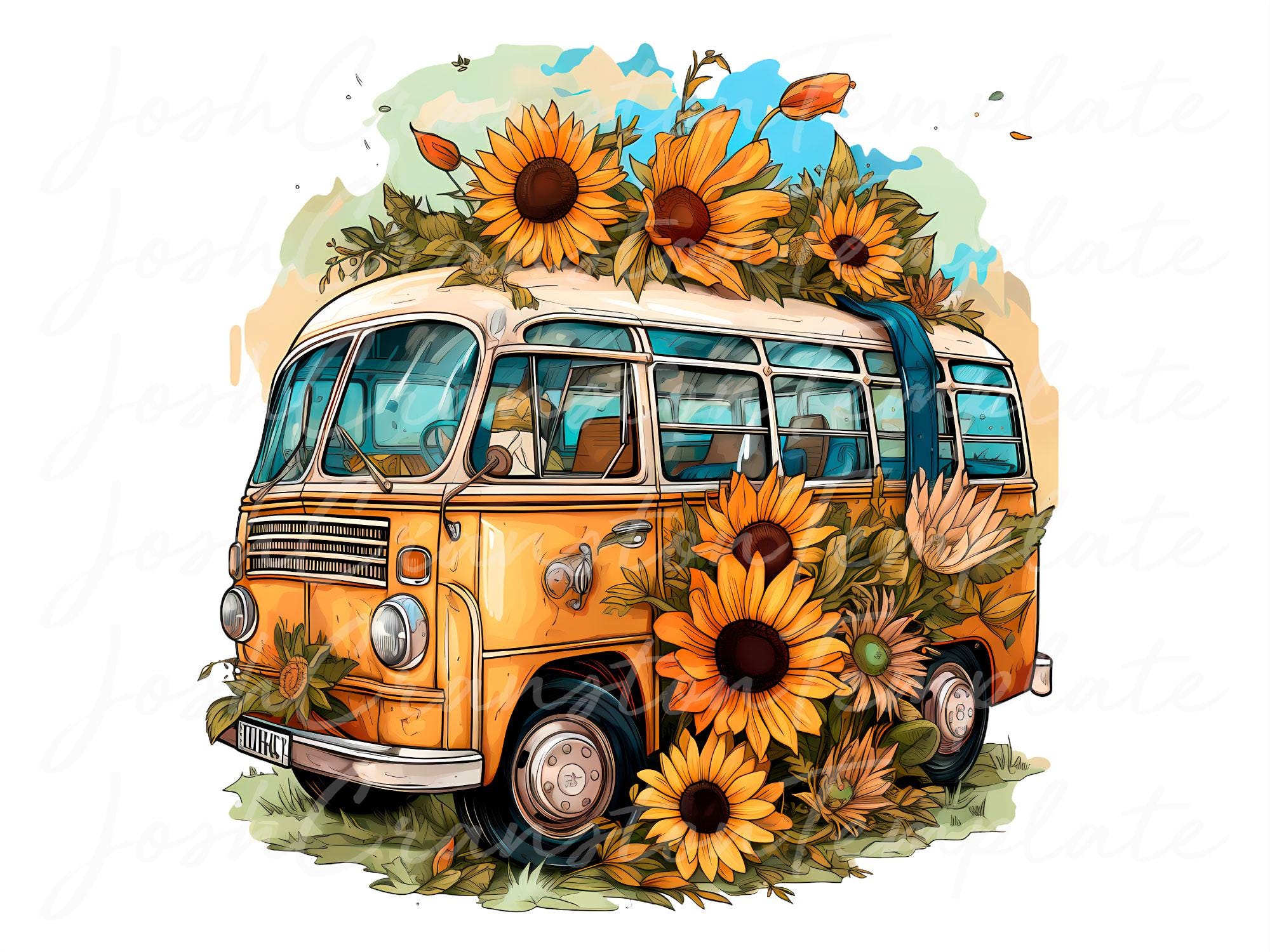 12 Vintage Floral Bus Art Print, Retro Sunflower Bus Illustration, Boho ...