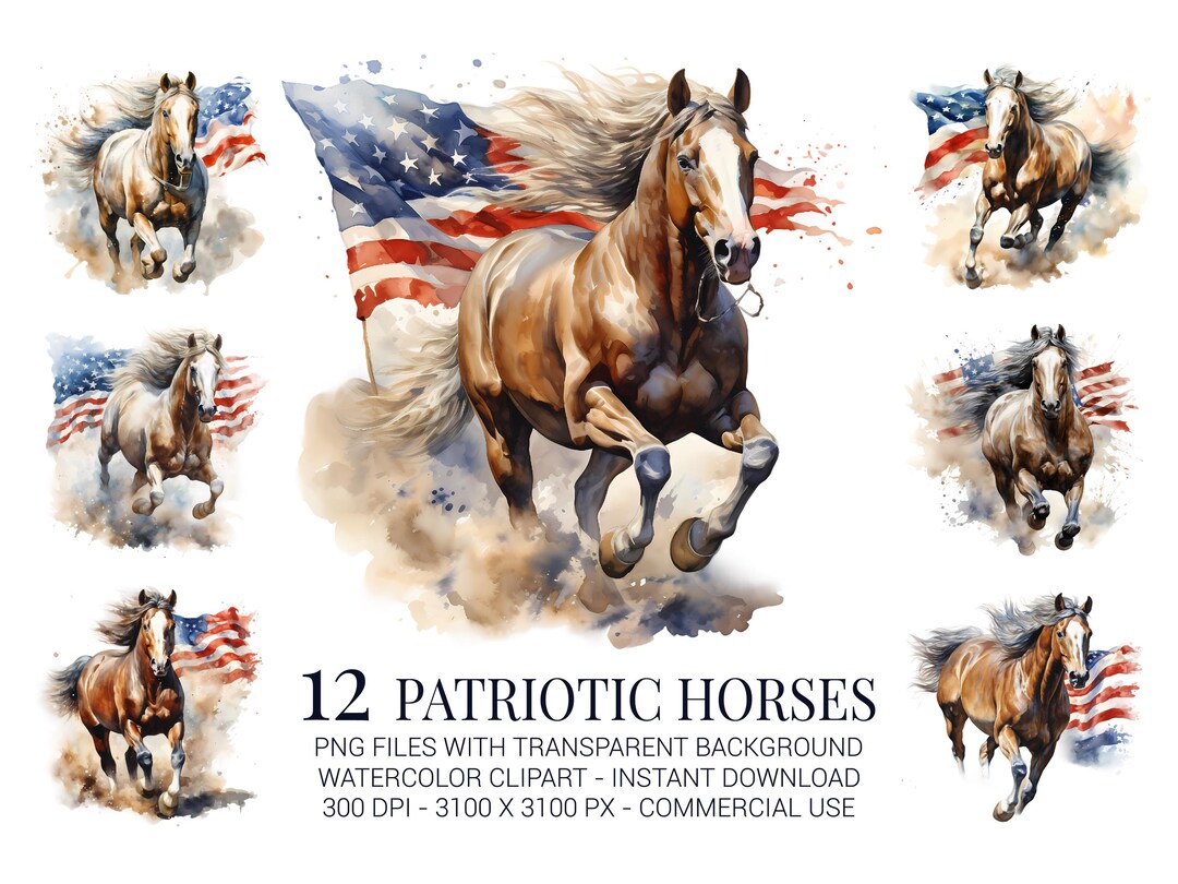 Patriotic Horses Clipart, 12 Watercolor Running Horses With Flags for ...