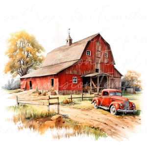 14 Farmhouse Watercolor Print, Rustic Red Barn Digital Art, Country ...